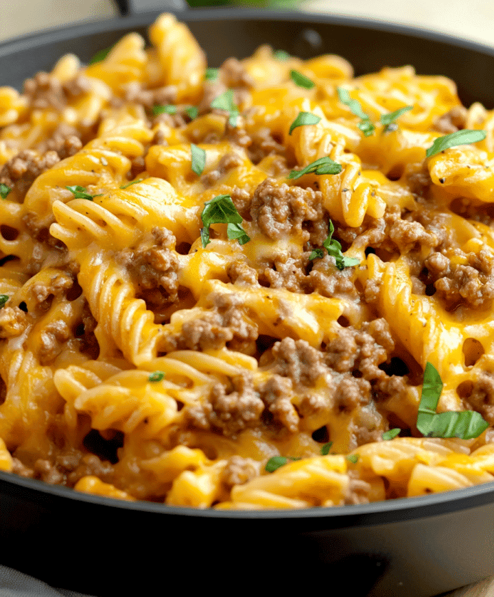 Cheesy Ground Beef Pasta Skillet Recipe - avarecipes.com
