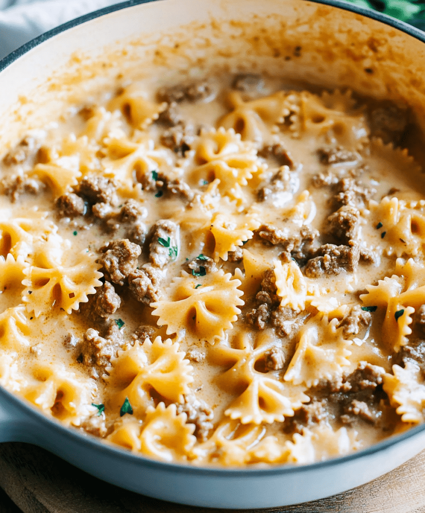 Cheesy Beef And Bowtie Pasta In Garlic Butter Recipe - avarecipes.com
